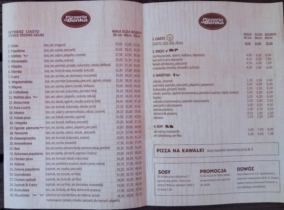 Menu at Pizzeria u Benka, Elblag, Mikołaja Kopernika 43