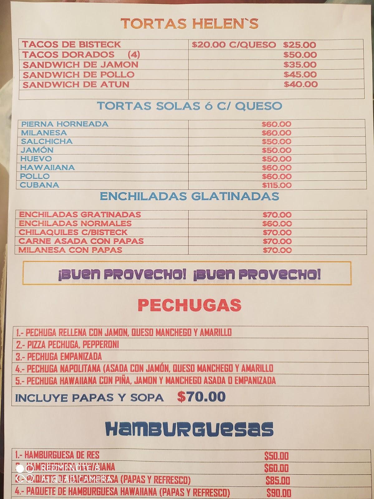 Menu at TORTAS HELENS restaurant, Mexico