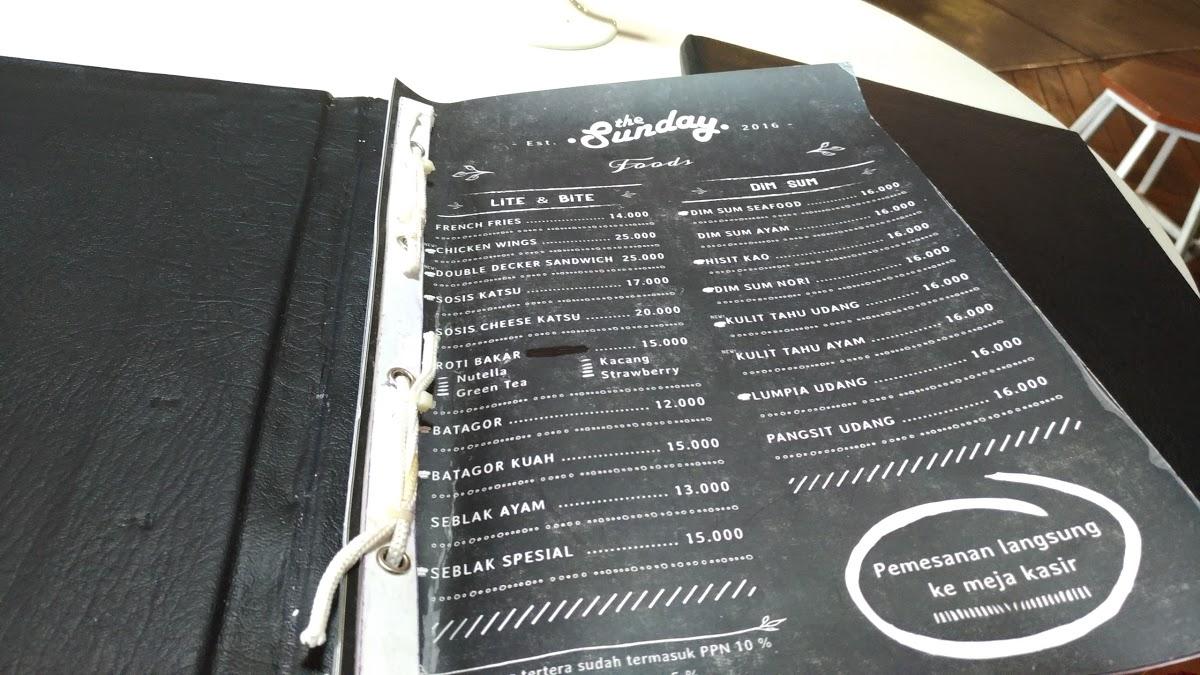 Menu at The Sunday Cafe, Purwakarta