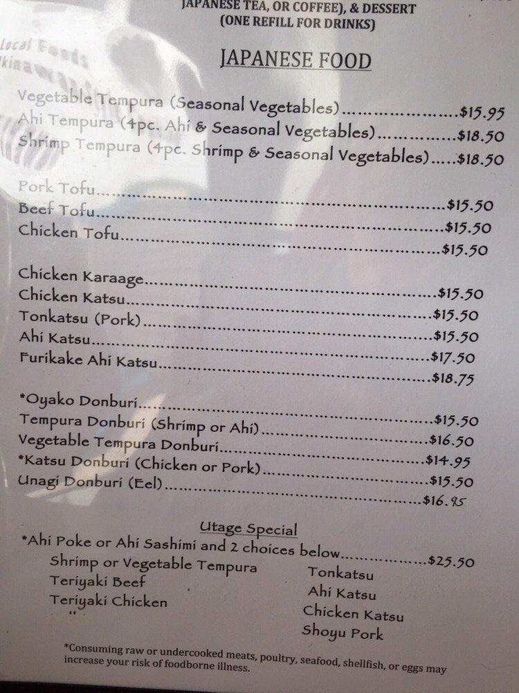 Menu at Utage Restaurant & Lounge, Honolulu