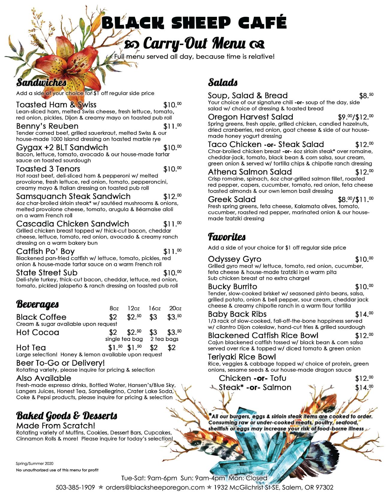 Menu at Black Sheep Cafe, Salem