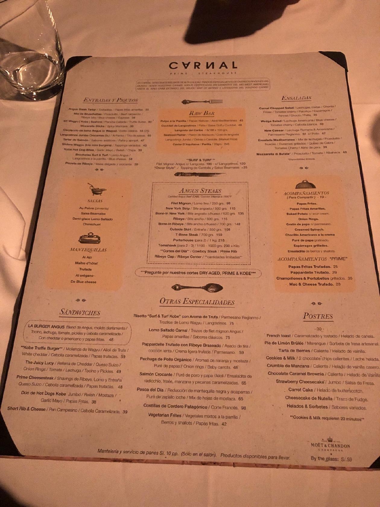 Menu at Carnal pub & bar, Miraflores
