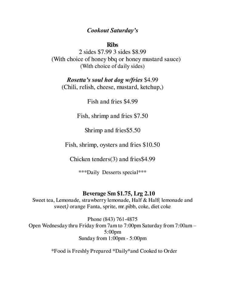 Menu at Rosetta's Soul Food restaurant, Moncks Corner