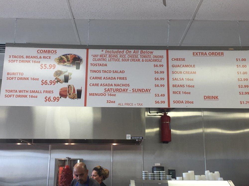 Menu at Tino's Tacos restaurant, Hemet