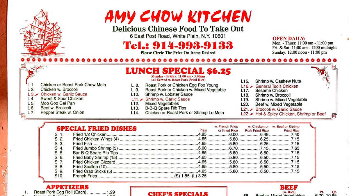 Menu at Amy Chow Kitchen restaurant, White Plains
