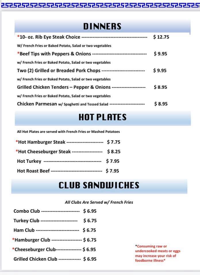 Menu at Chris's Diner restaurant, Florence