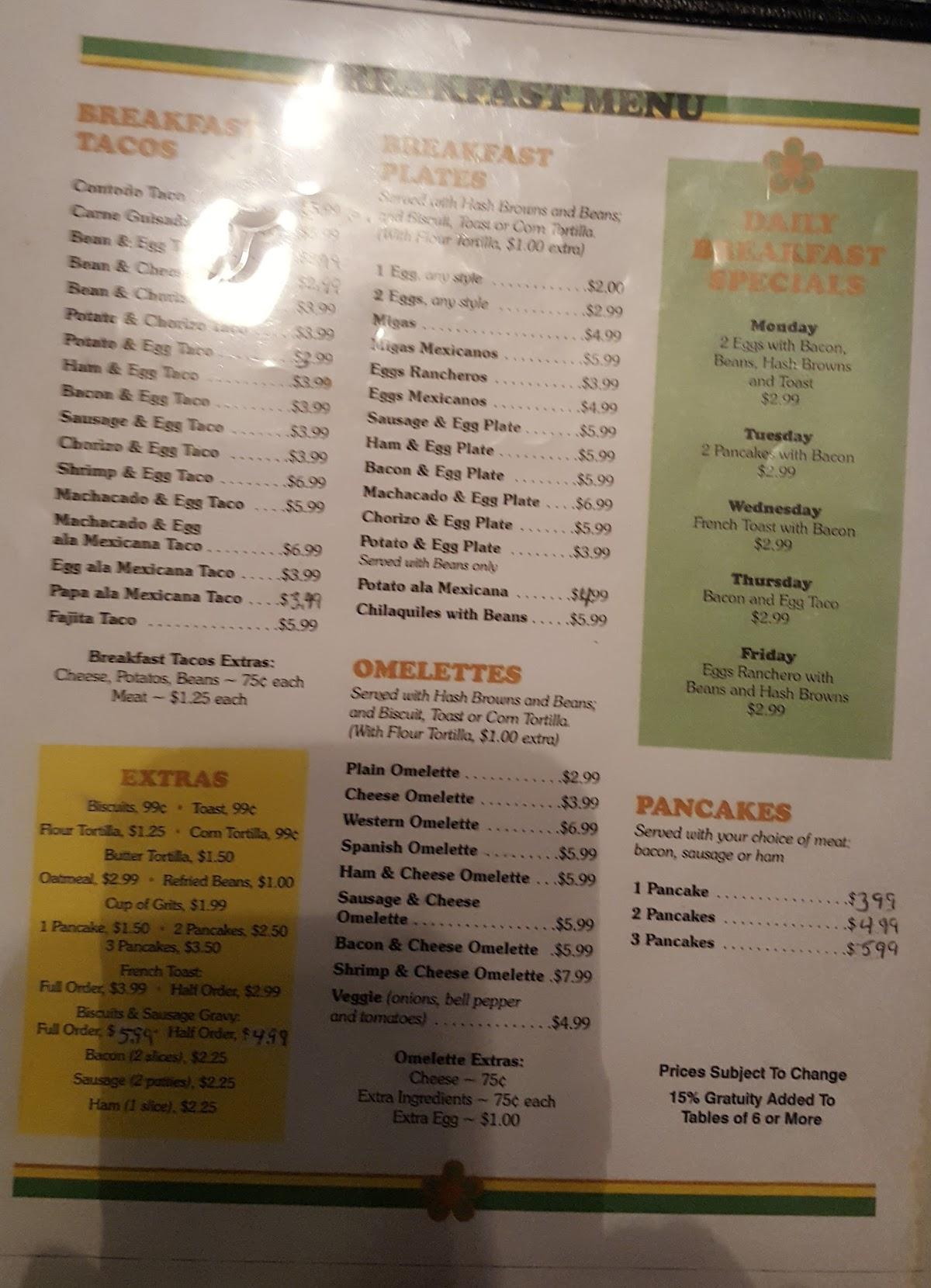 Menu at El Papa's restaurant, Port Isabel
