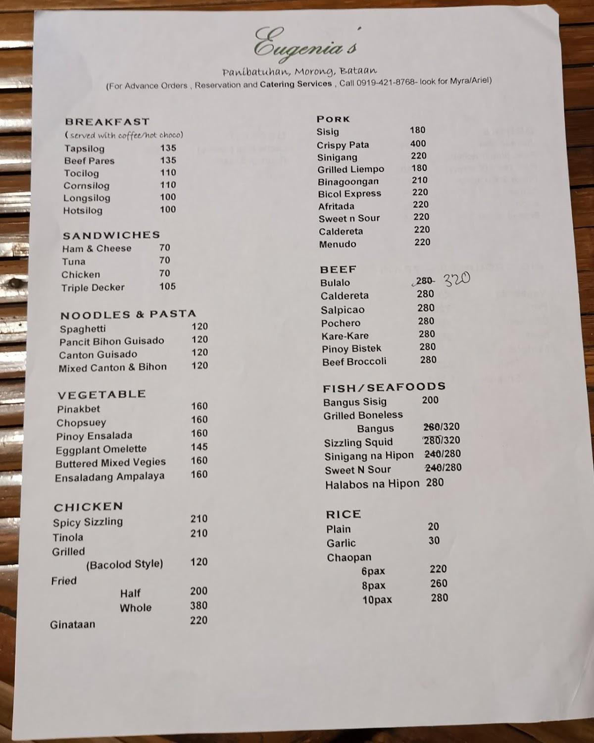 Menu at Eugenia's Kitchen restaurant, Morong