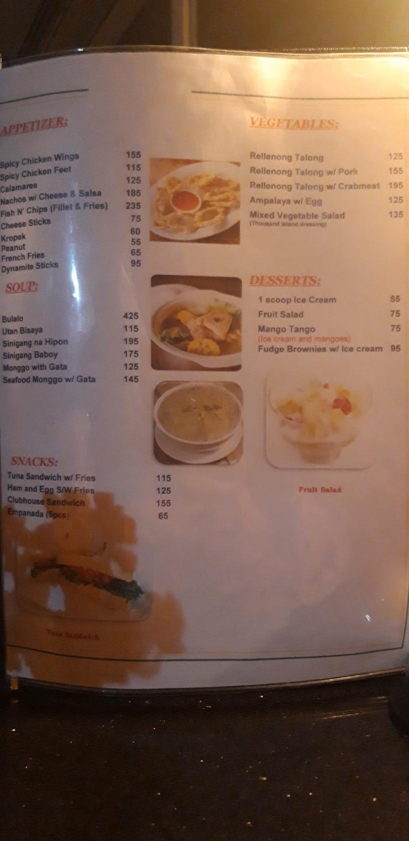 Carta de Flyover Cafe, Cebú