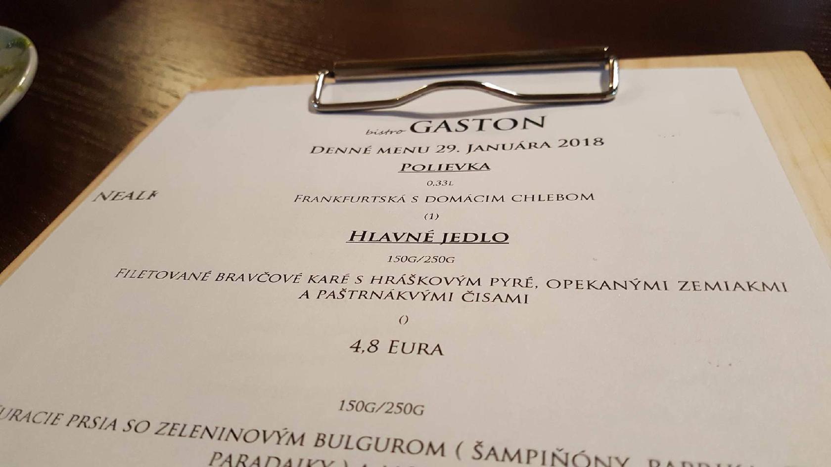 Menu at Gaston restaurant, Čadca