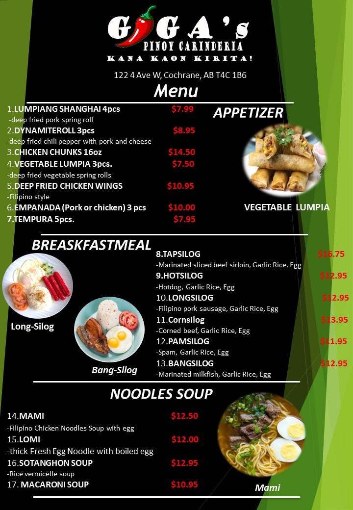 Menu au Giga's Pinoy Carinderia restaurant, Cochrane