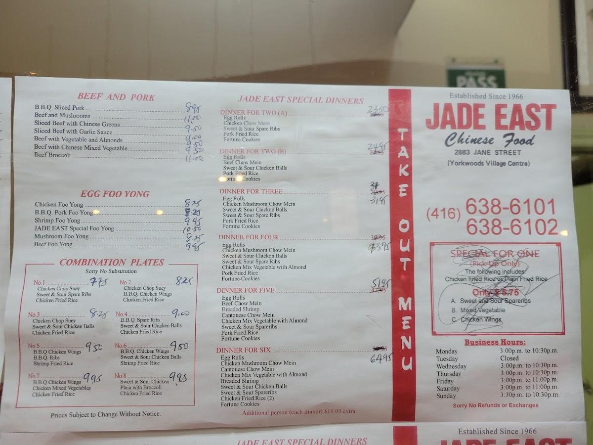 Menu at Jade East Chinese Food restaurant, Toronto