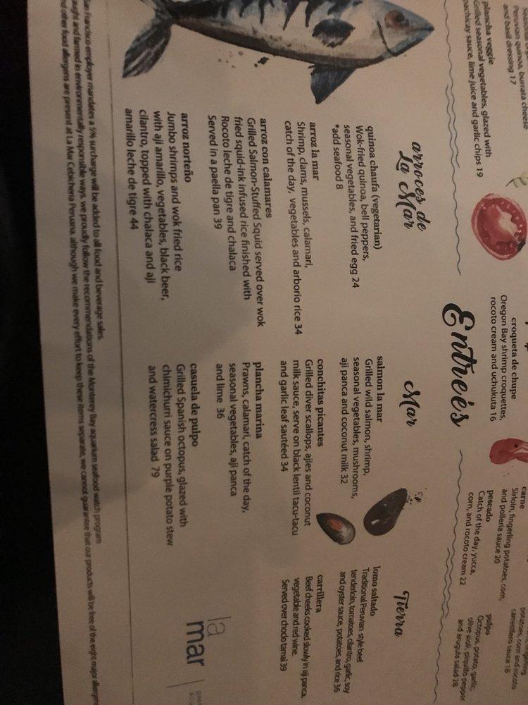 Menu at La Mar Cocina Peruana restaurant, San Francisco