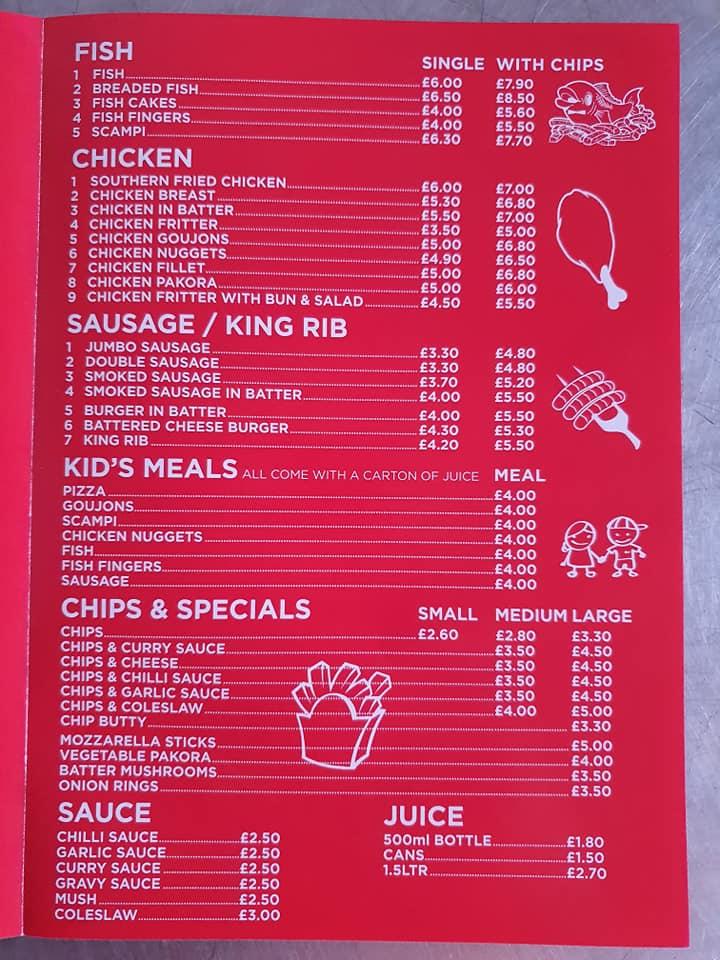 Menu at Mr fish fast food, Dingwall, 2 Evington Road