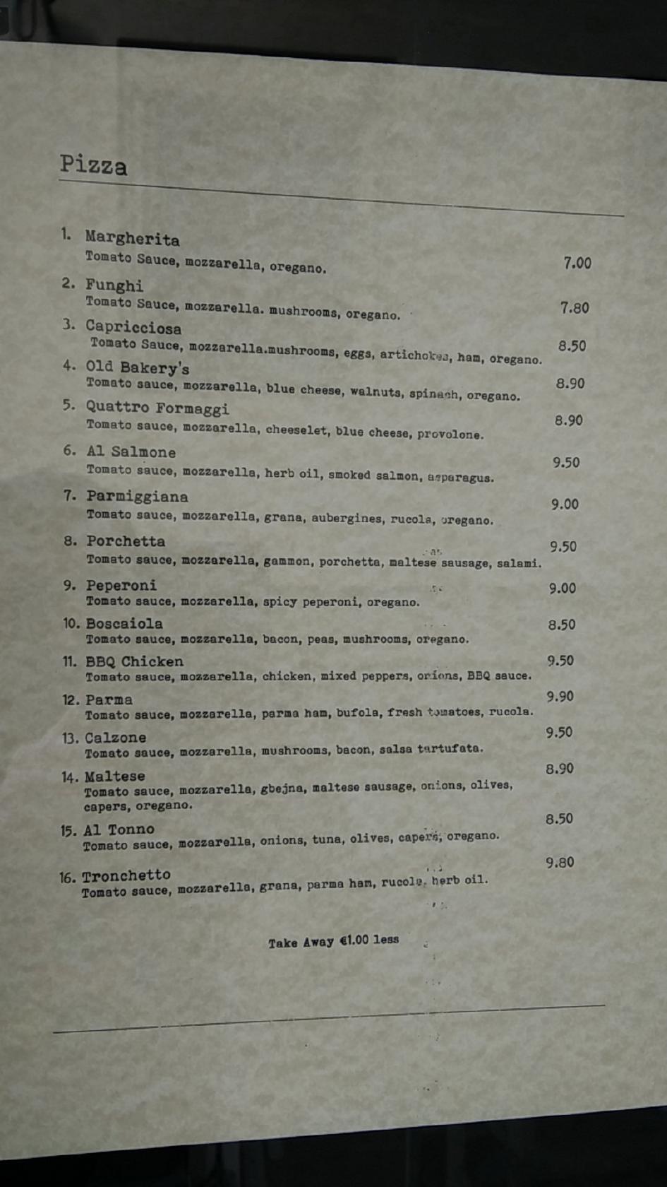 Menu at Old Bakery's Pizza e Pasta, Valletta