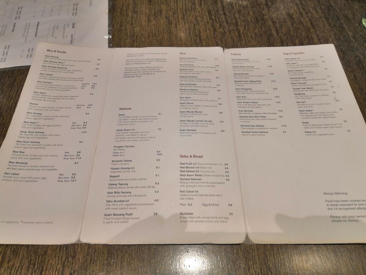 Menu at Satay House Malaysian Restaurant, London
