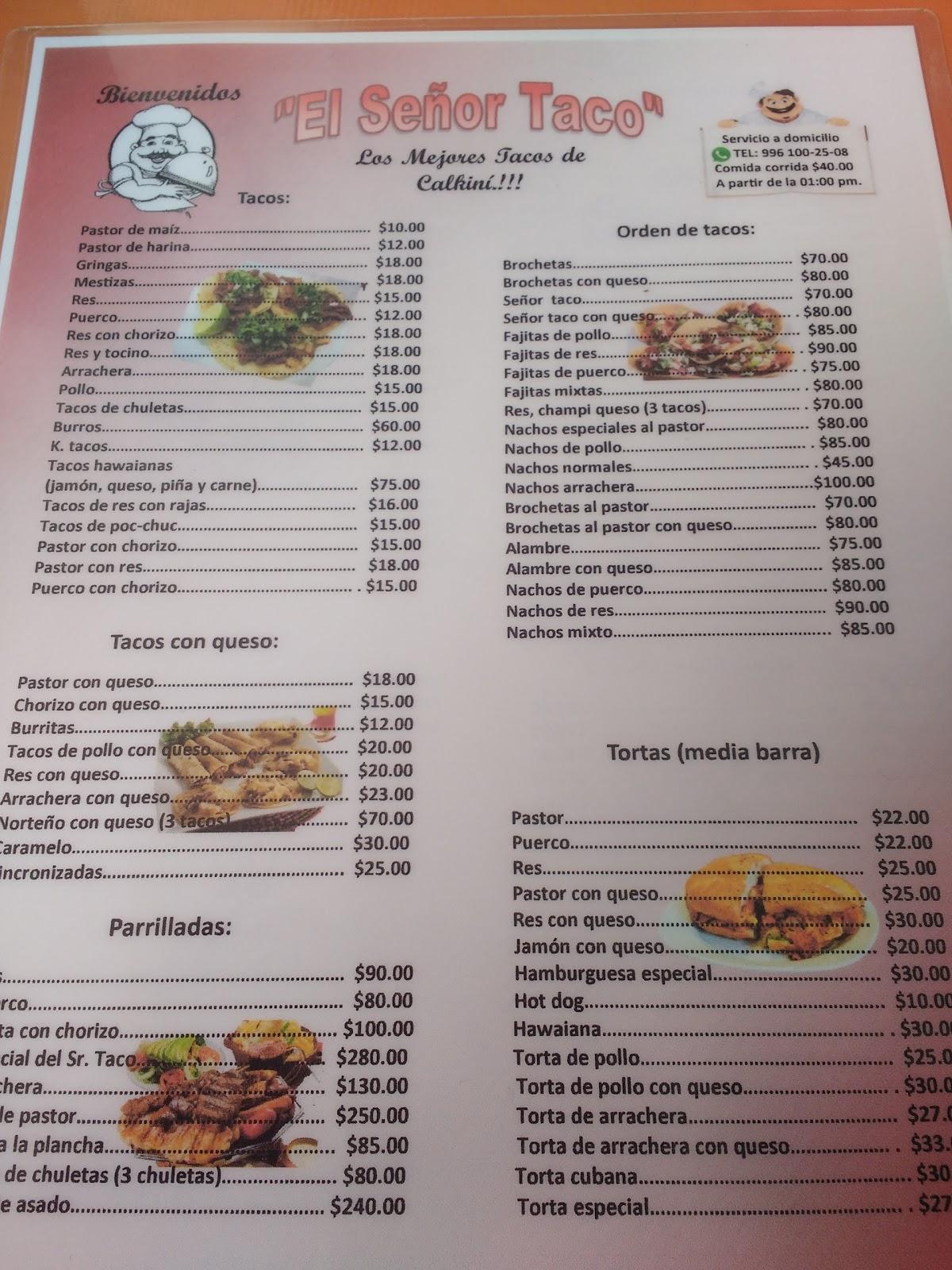 Carta del restaurante Señor Taco, Calkini
