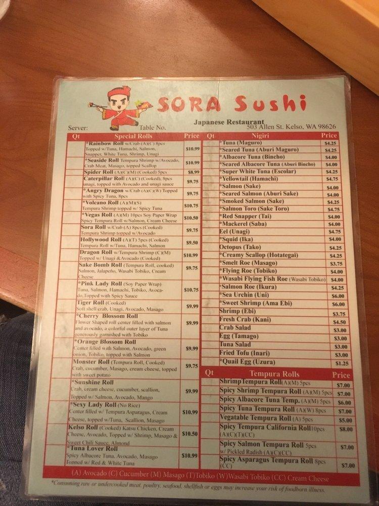Menu at sora sushi (sushi channel) restaurant, Kelso