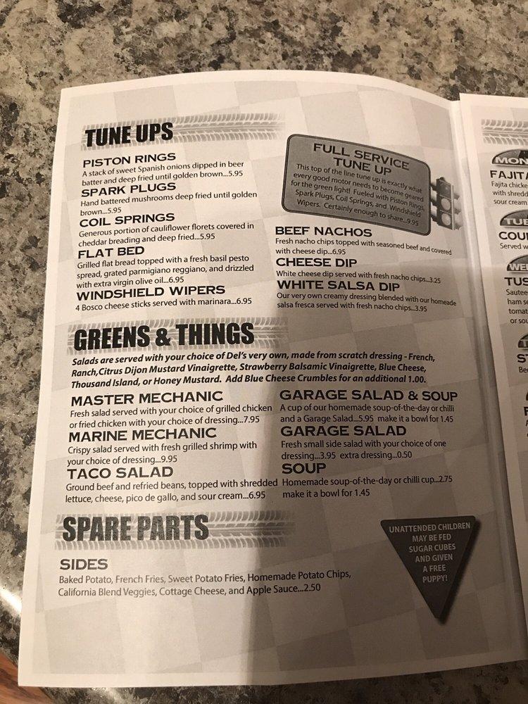 Menu at Ted's Garage restaurant, Clinton