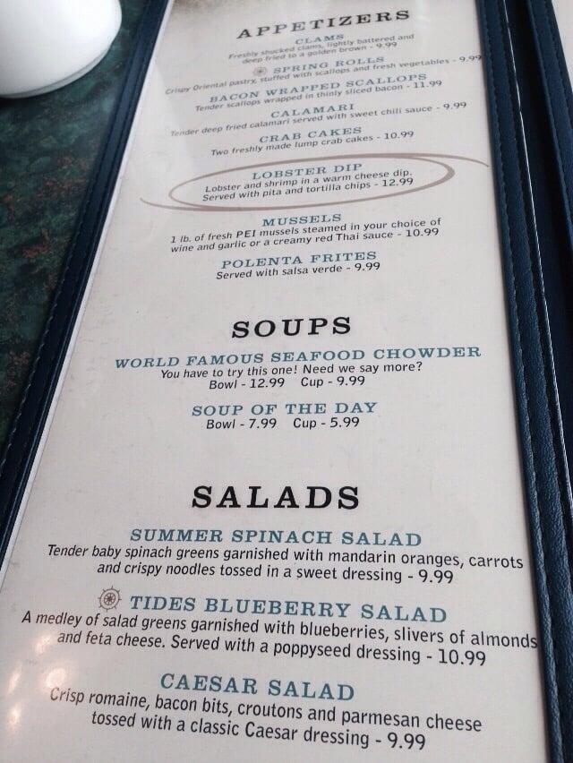 Menu at Tides restaurant, Alma