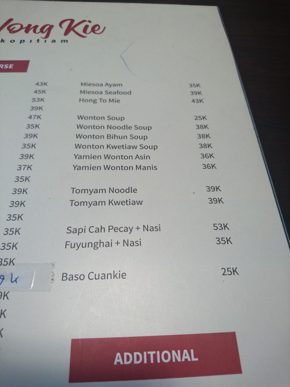 Menu at Wong Kie Kopitiam restaurant, Bandung