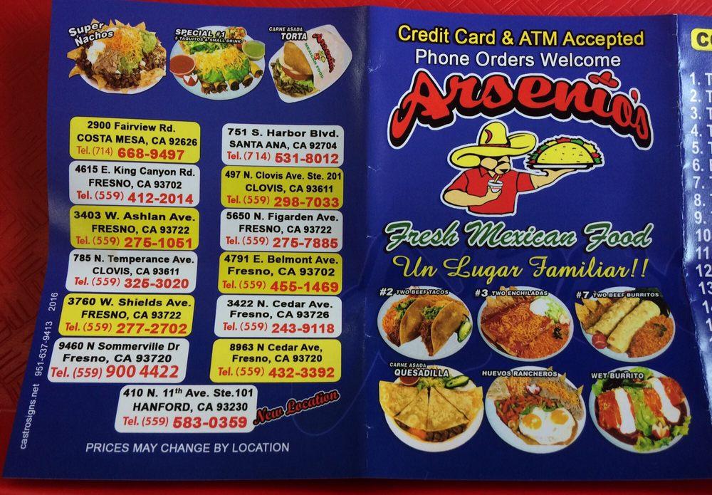 Menu at Arsenio's Mexican Food restaurant, Santa Ana