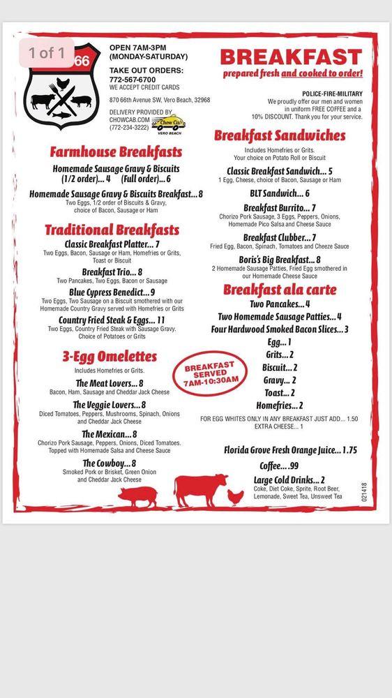 Menu at Cafe 66, Vero Beach, 685 US-1