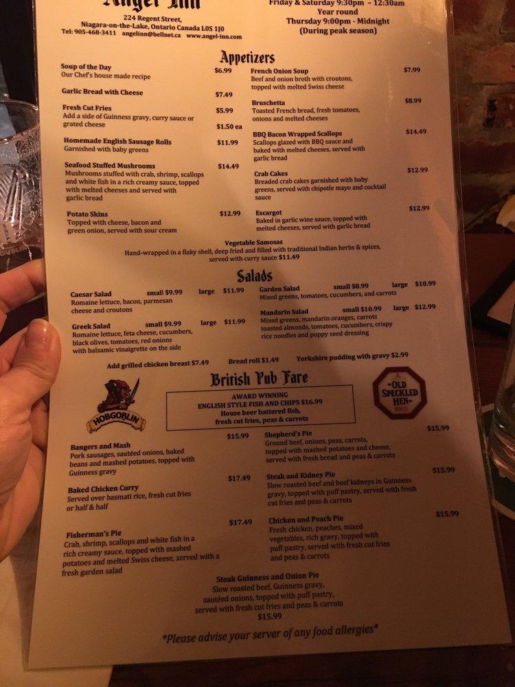 Menu at Olde Angel Inn pub & bar, Niagara-on-the-Lake