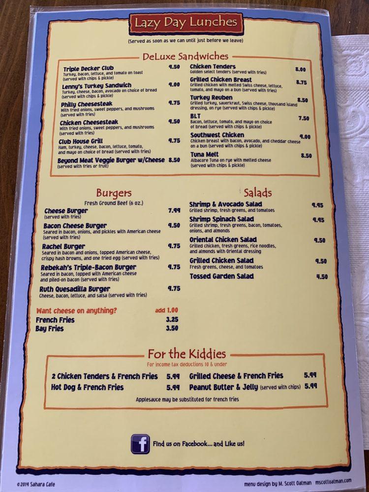 Menu at Sahara Cafe, Ocean City