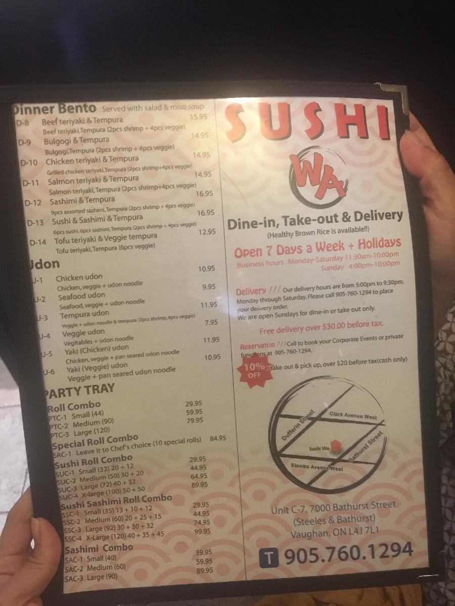 Menu at Sushi Wa restaurant, Vaughan