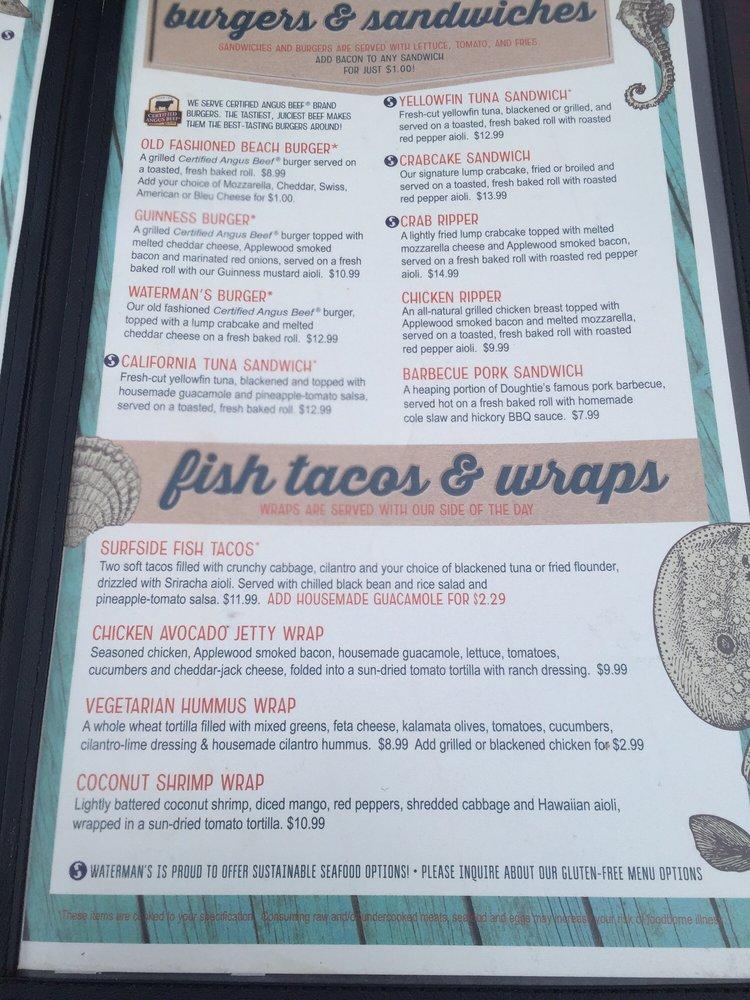 Menu at Waterman's Surfside Grille pub & bar, Virginia Beach