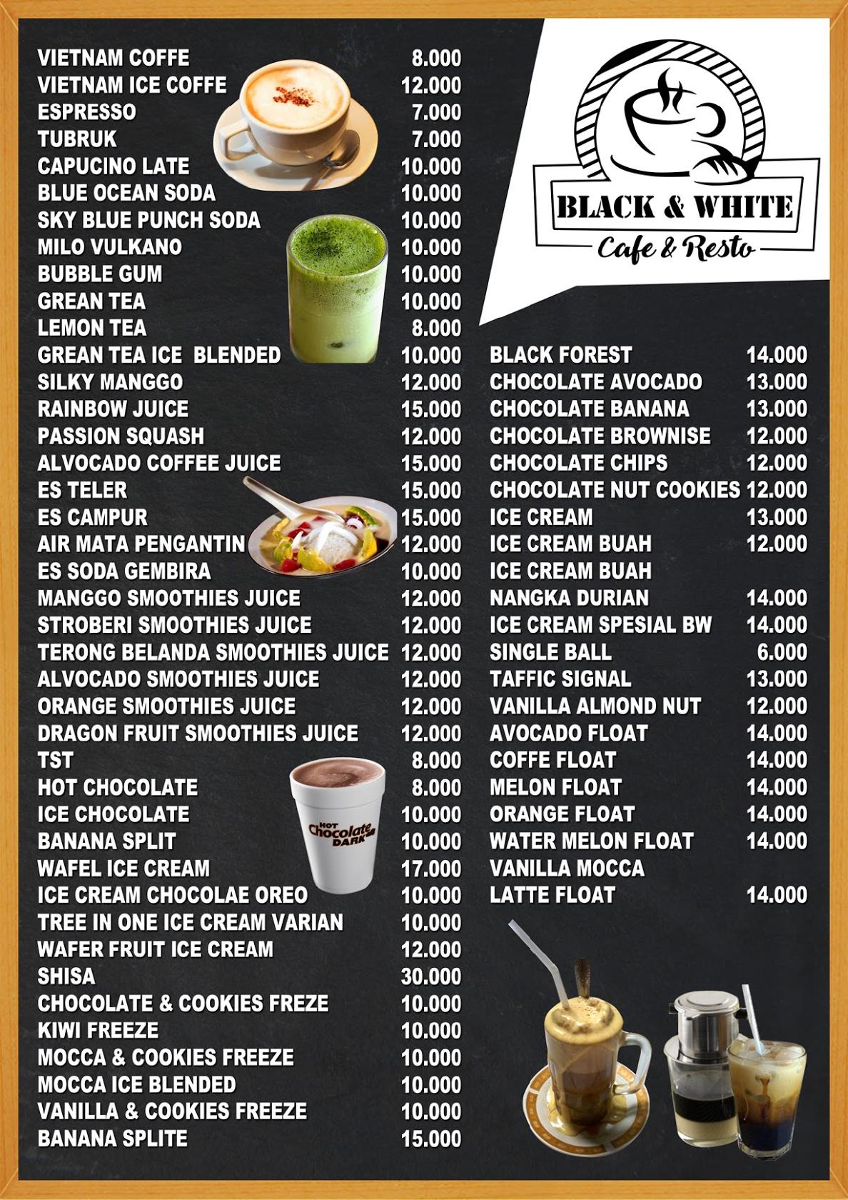 Carta del café Black & White Coffe Resto, Indonesia
