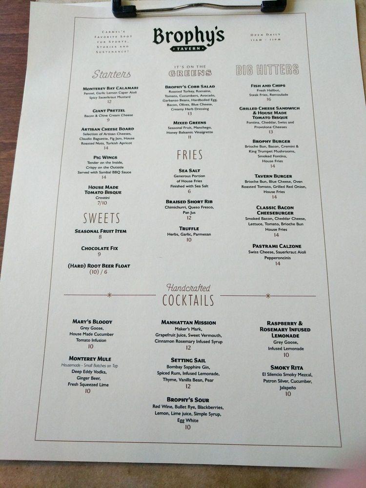Menu at Brophy's Tavern pub & bar, Carmel-by-the-Sea
