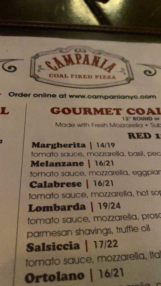 Menu at Campania Coal-Fired Pizza pizzeria, New York City, Hylan Blvd
