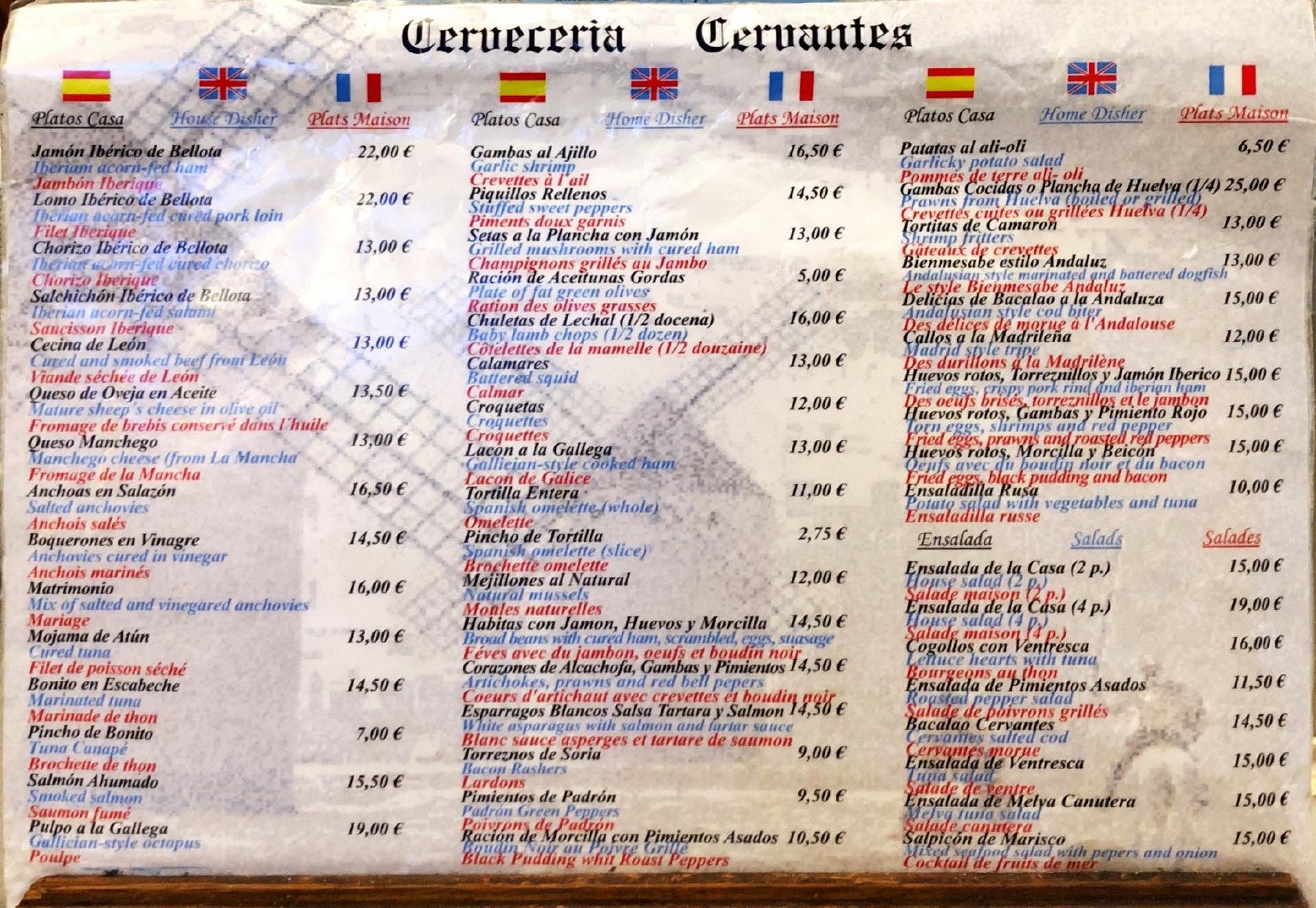 Menu at Cervantes pub & bar, Madrid, Pl. Jesús