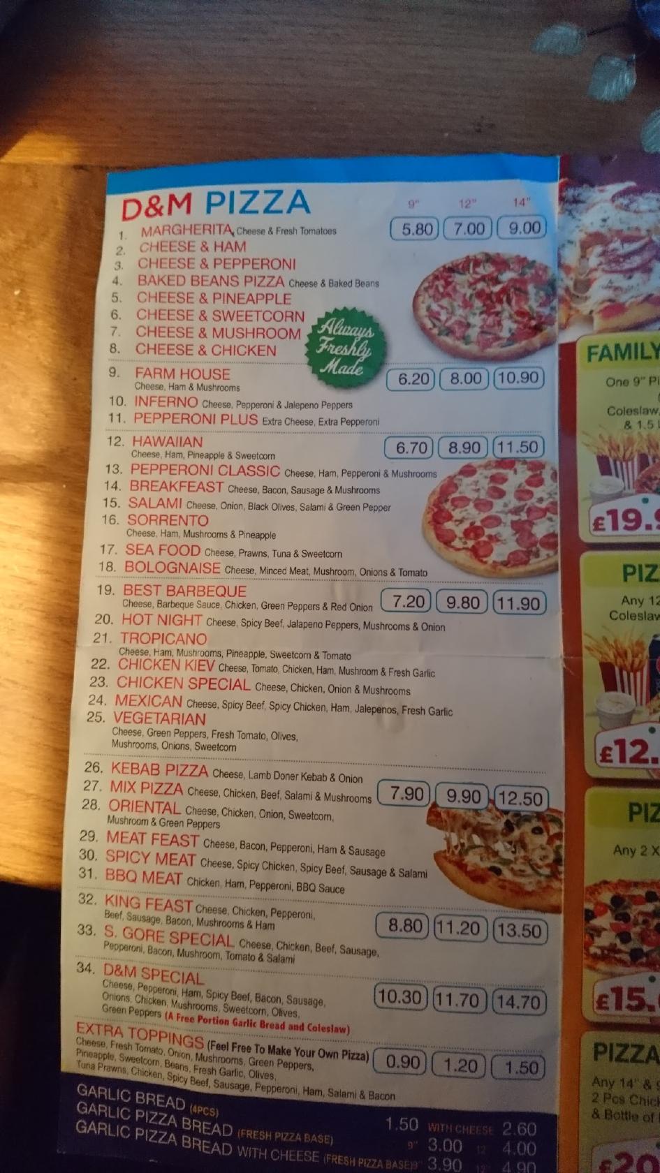 Menu at D & M Pizza pizzeria, Lydney
