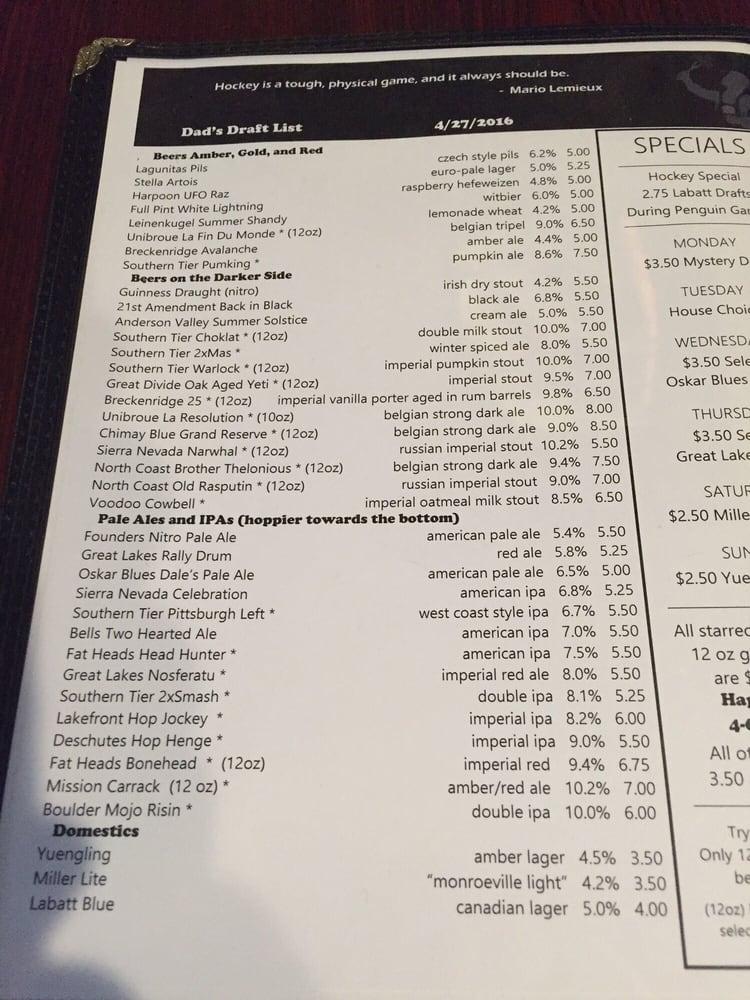 Menu at Dad's Pub & Grub, Monroeville
