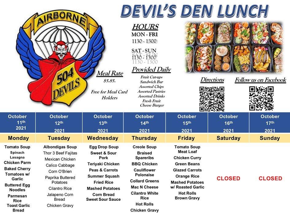Menu at Devils Den Warrior restaurant, Fort Bragg
