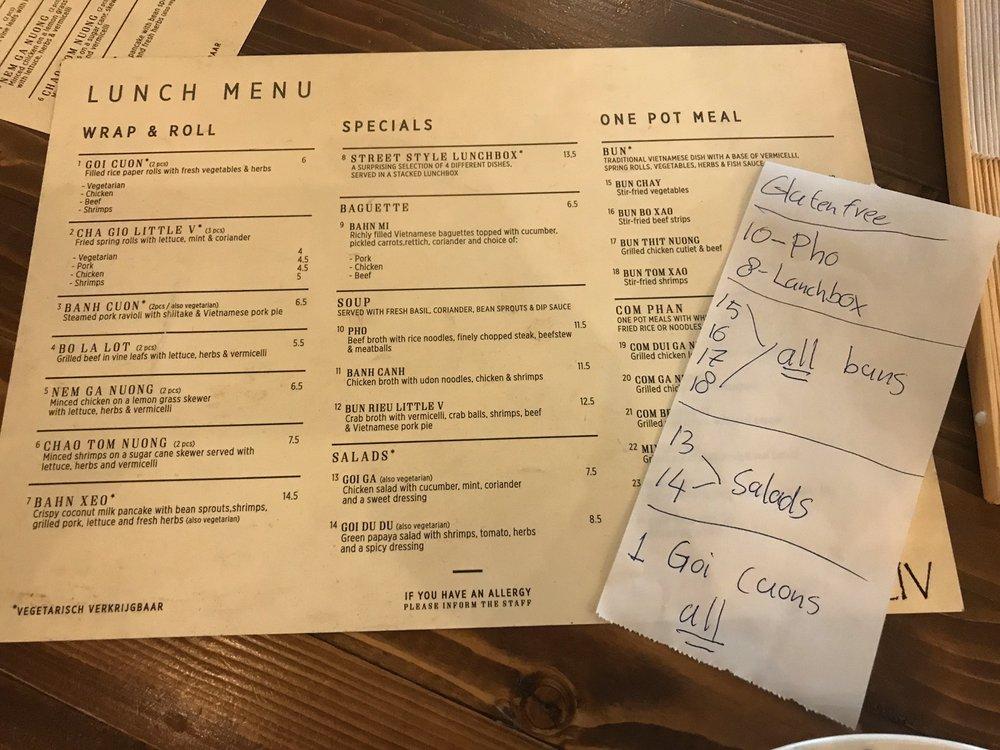 Menu at Little V Den Haag, The Hague