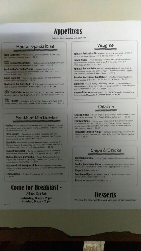 Menu at Lord Ashley's Pub, Indianapolis, Pendleton Pike
