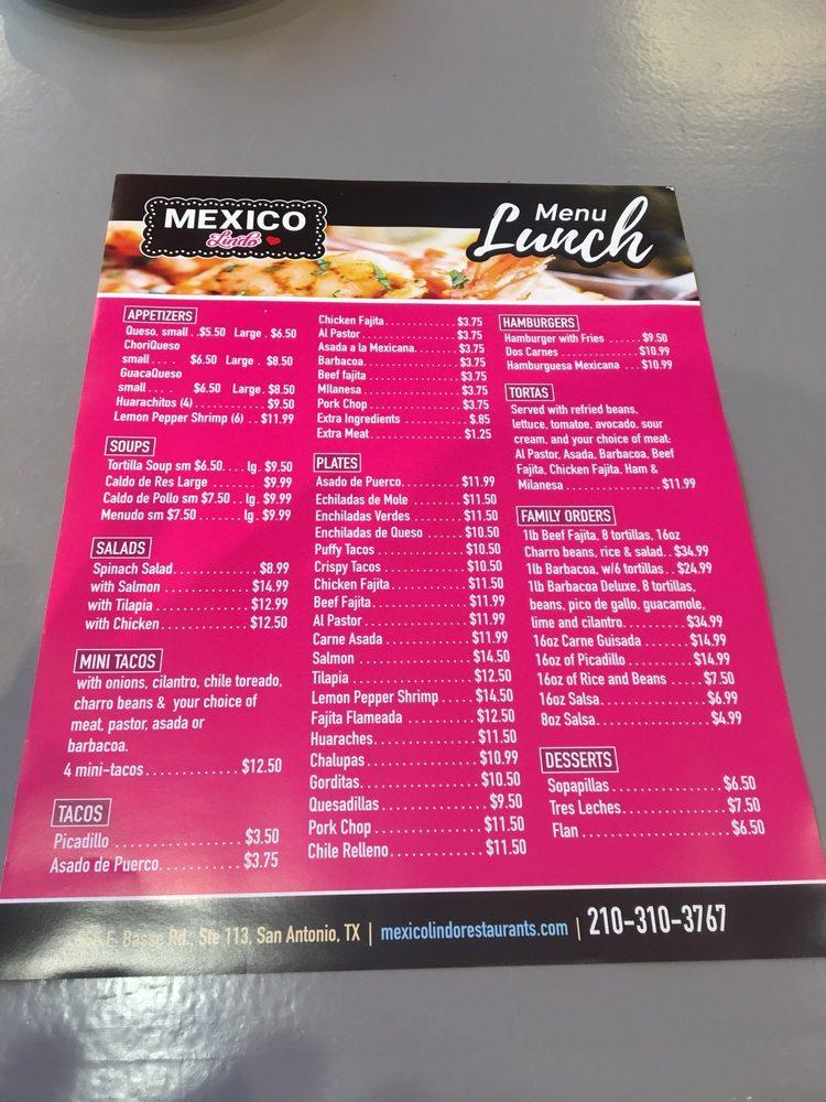 Menu at Mexico Lindo Restaurants, San Antonio