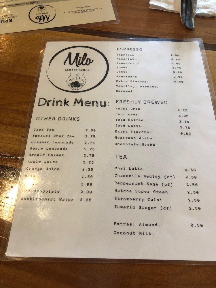 Menu at Milo Coffee House, Portland