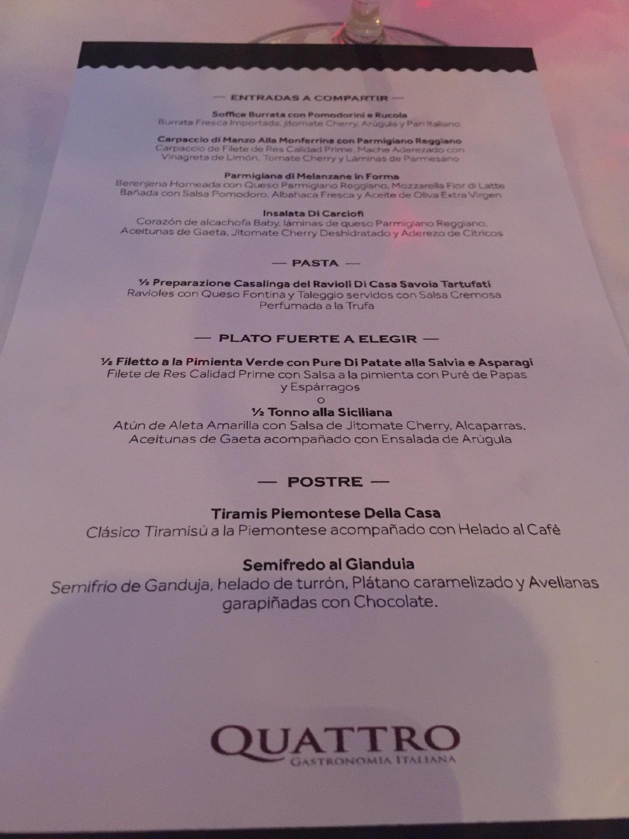 Menu at Quattro restaurant, Mexico City