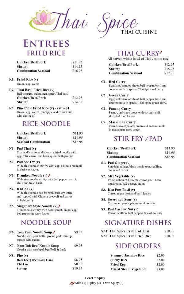 Menu at Thai Spice restaurant, Bel Air