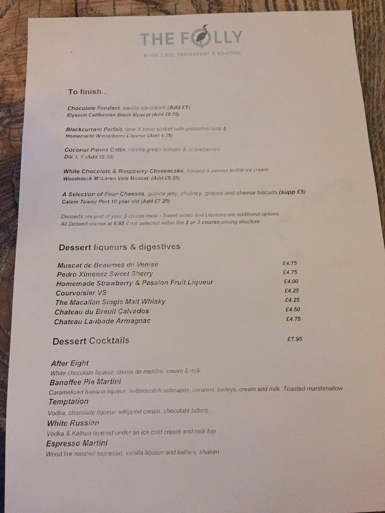 Menu at The Folly Restaurant, Oxford