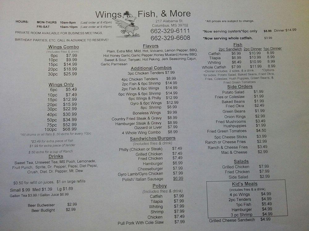 Menu at Wings Fish & More restaurant, Columbus, 217 Alabama St
