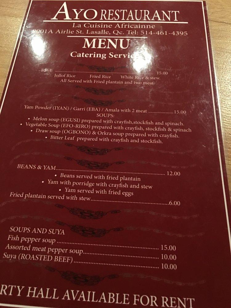 Menu at Ayo Restaurant, Montréal