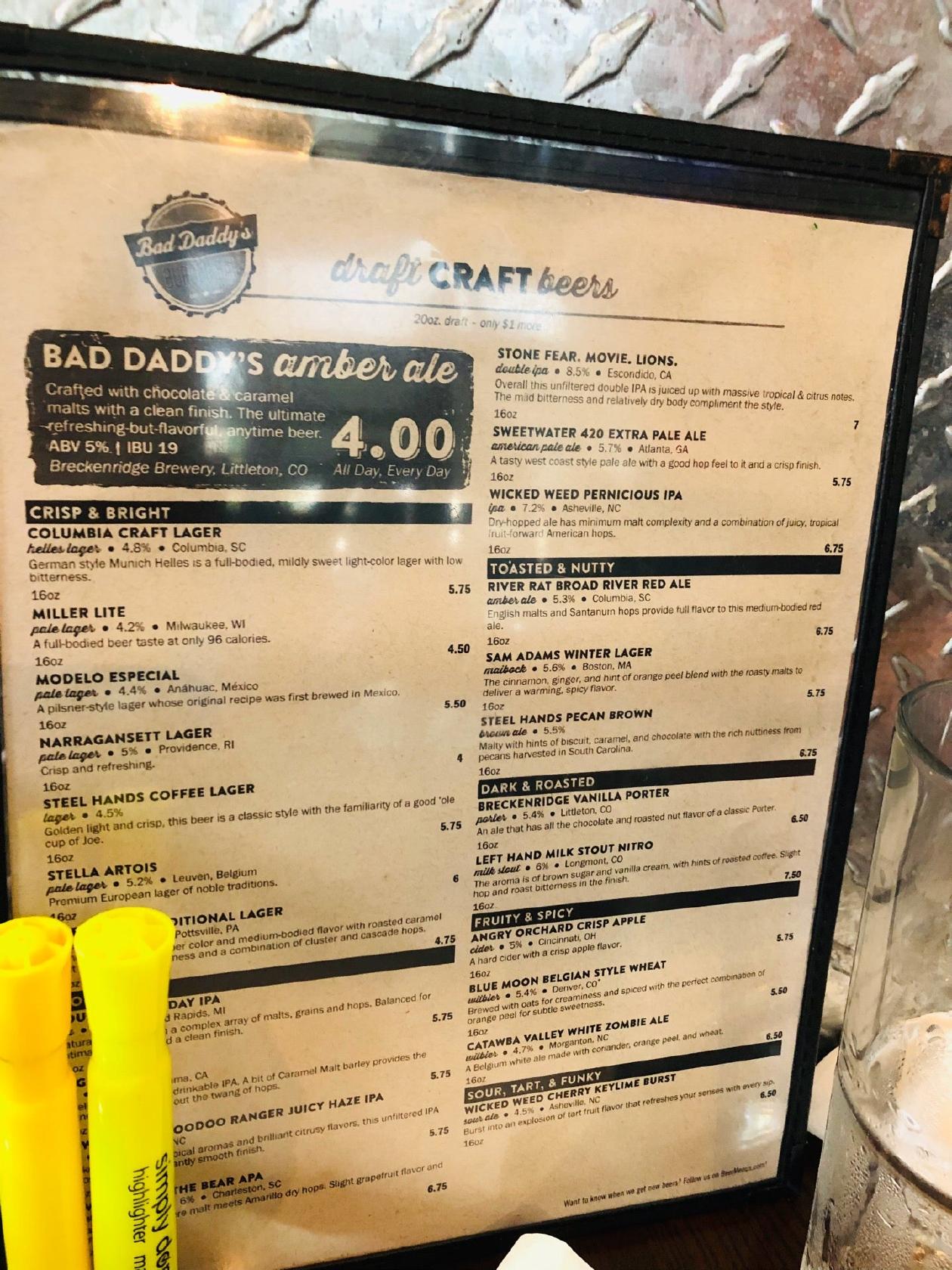 Menu at Bad Daddys Burger Bar, Columbia