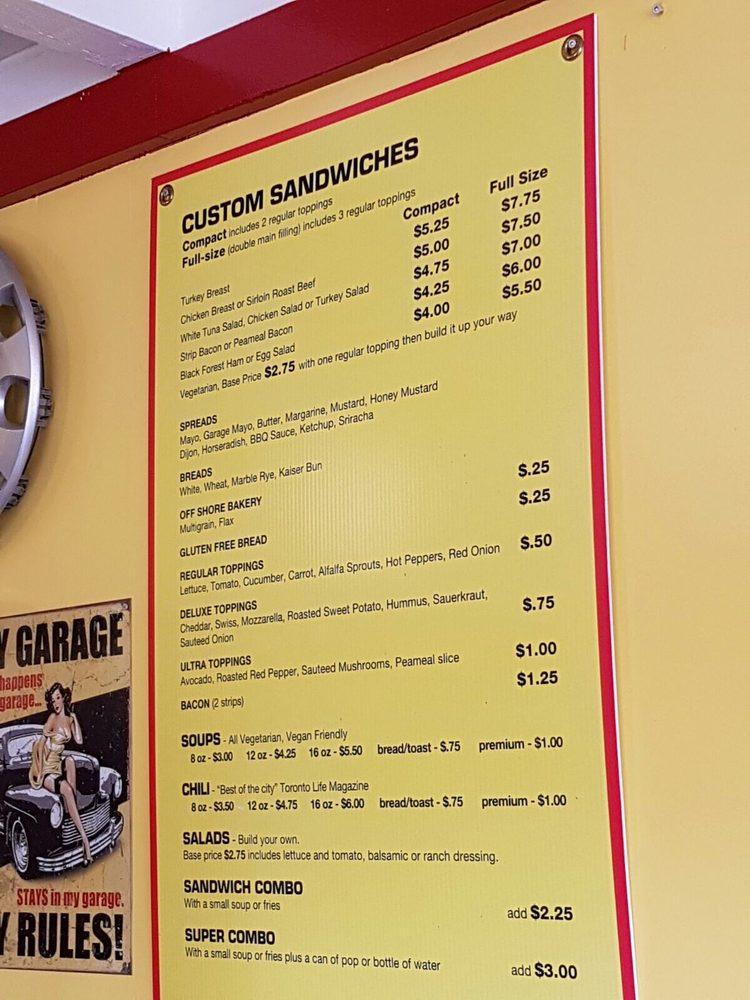 Menu au The Garage Sandwich Co. Ltd fast food, Saugeen Shores