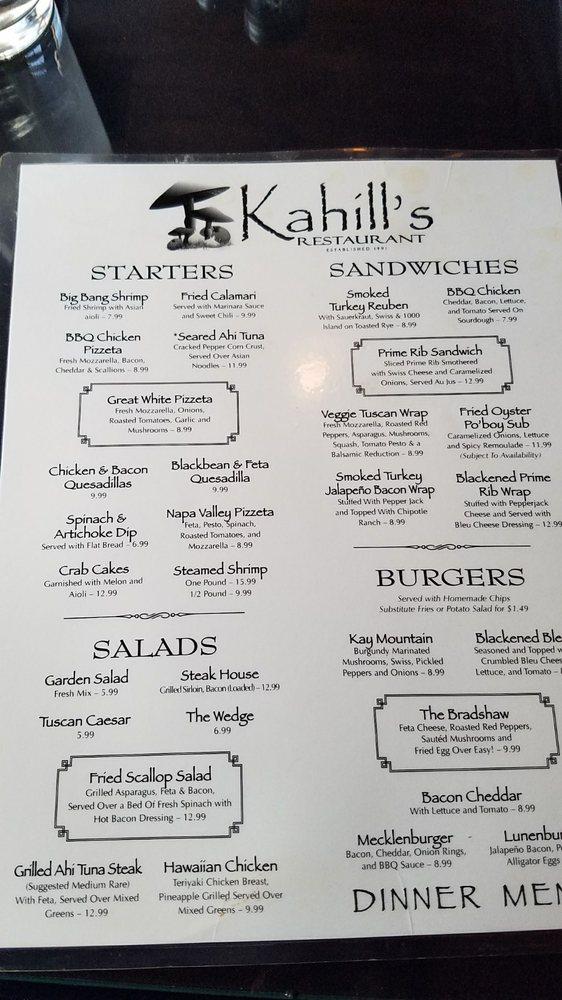 Menu at Kahill's Restaurant and pub, South Hill